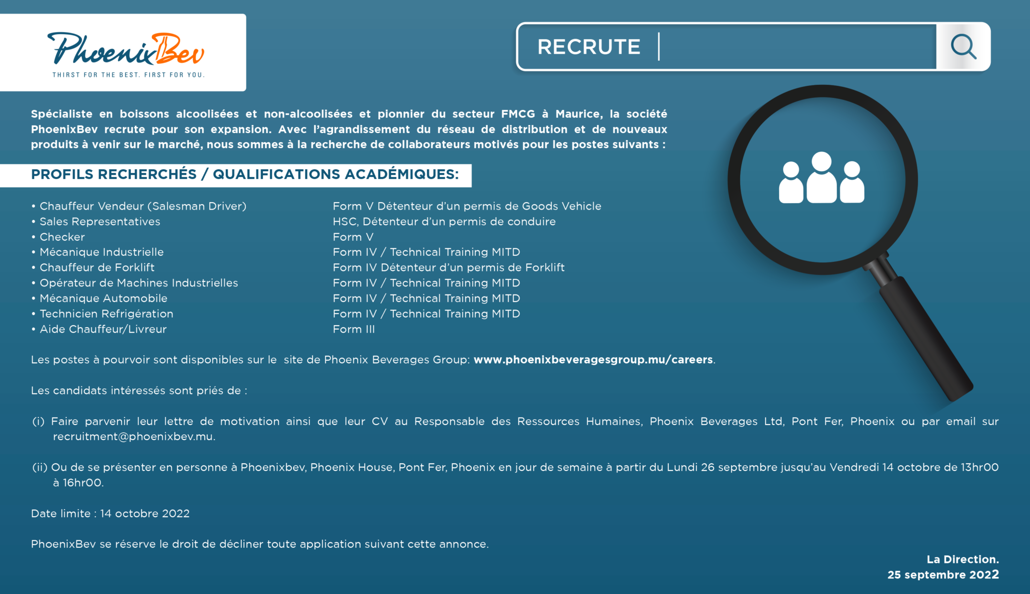 Phoenix Bev - Recrutement - PhoenixBev Mauritius